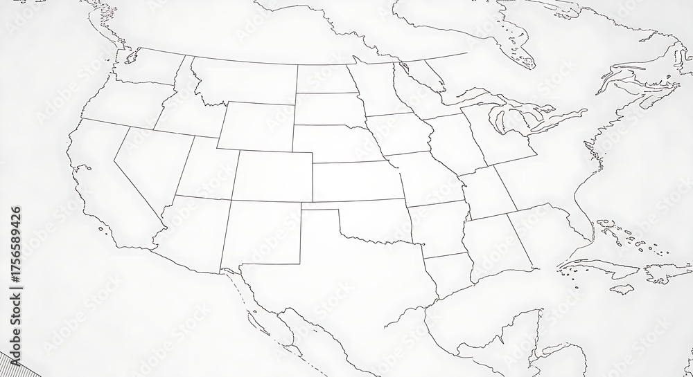 Outline map of the United States with state borders clearly delineated ...
