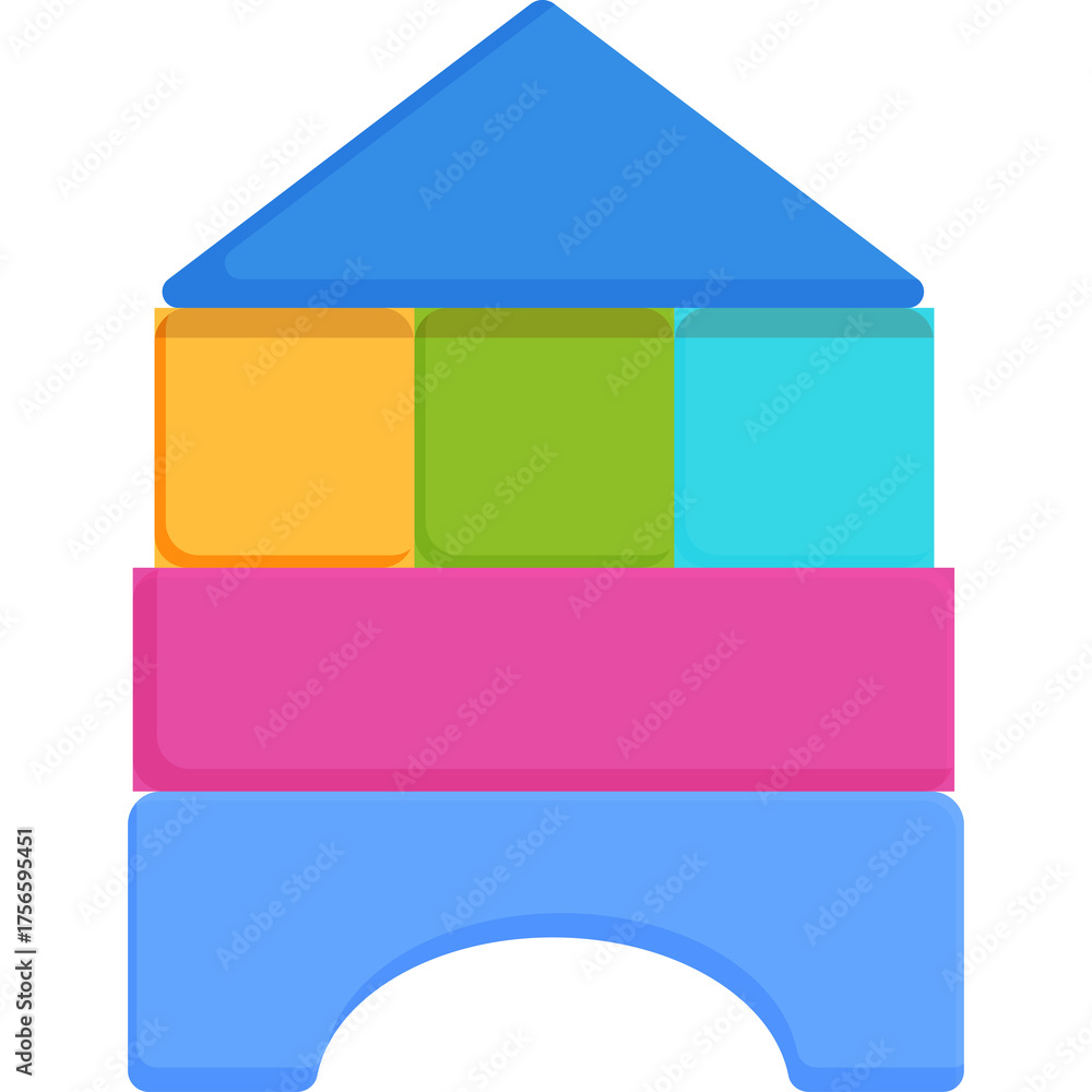 Colorful building blocks arranged in a house shape with blue roof and ...