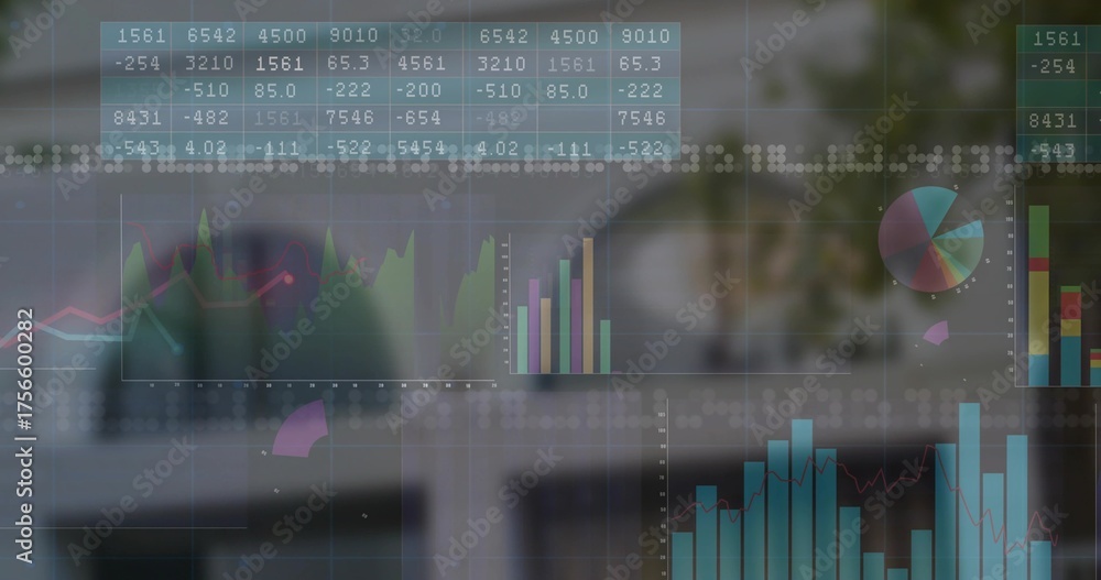 Displaying transparent financial charts overlaying office, with data ...