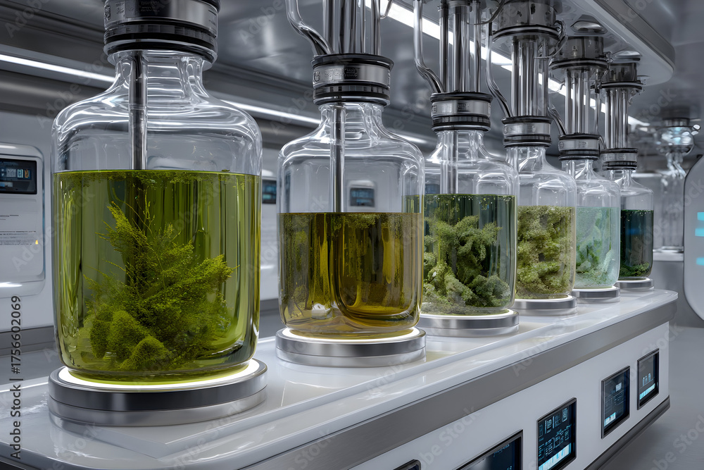 Biotech lab glass jar algae culture green liquid bioreactor sterile ...