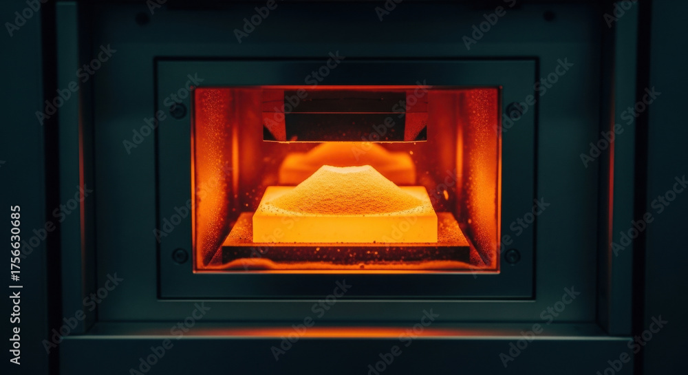 Photo Stock Glowing heated metal powder fusing inside industrial ...