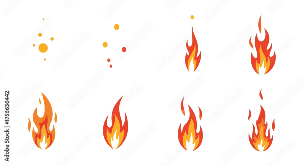 Image vectorielle Stock Eight stages of cartoon fire transitioning from embers to small flames ...