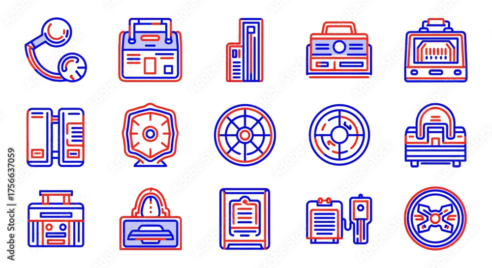 Icons are arranged in rows columns Each has a red outline and is filled ...