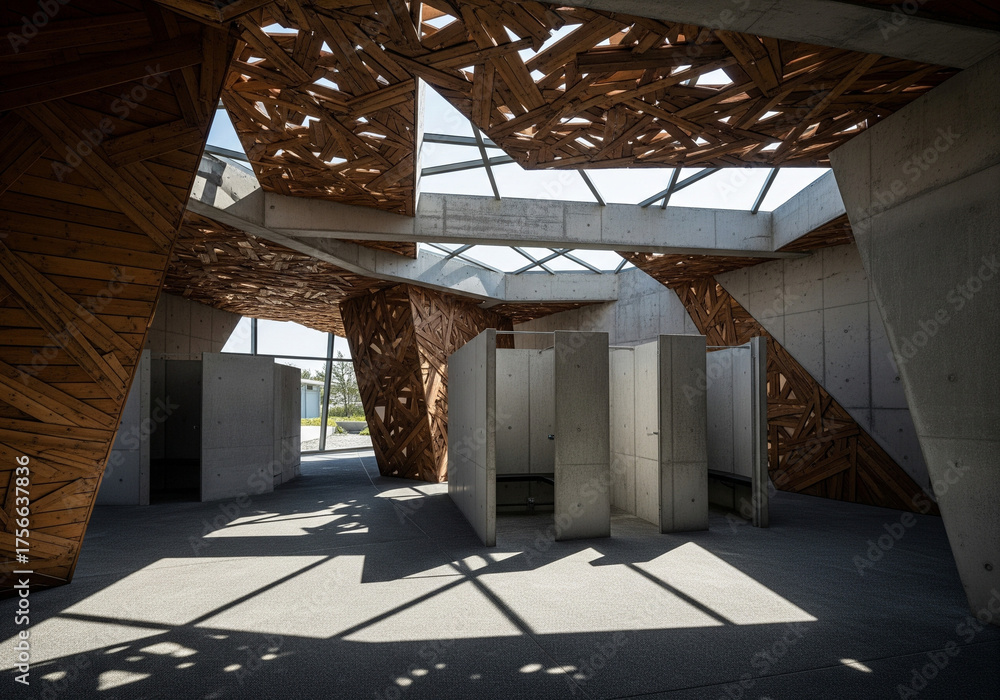 90's deconstructivism architectural design Beach Locker Room with a ...