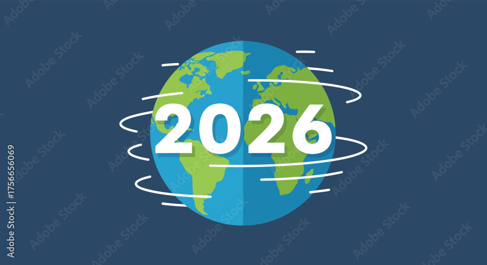 Earth displays the year 2026 with swirling lines around it, symbolizing ...