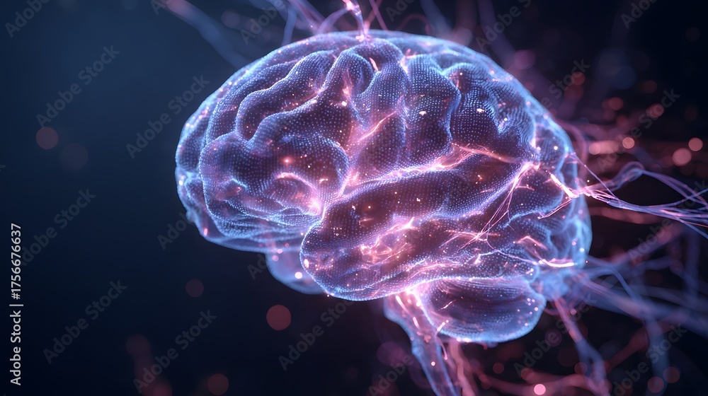 Glowing digital brain exhibits electrical impulses and neural network ...