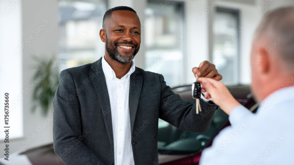 Smiling african american man receiving car keys from salesperson in ...