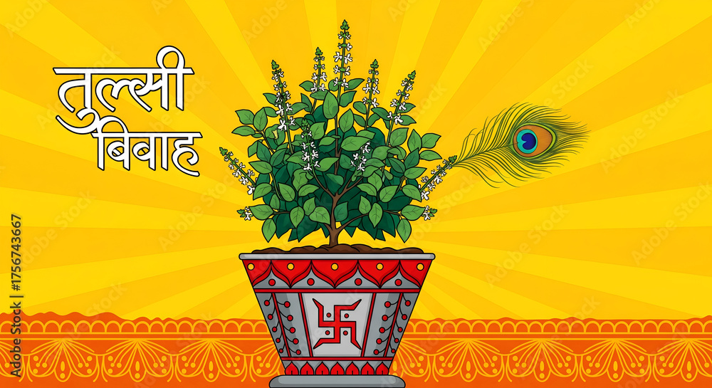 Tulsi Vivah Illustration: Hindu Wedding of Plant to God Vishnu Stock ...
