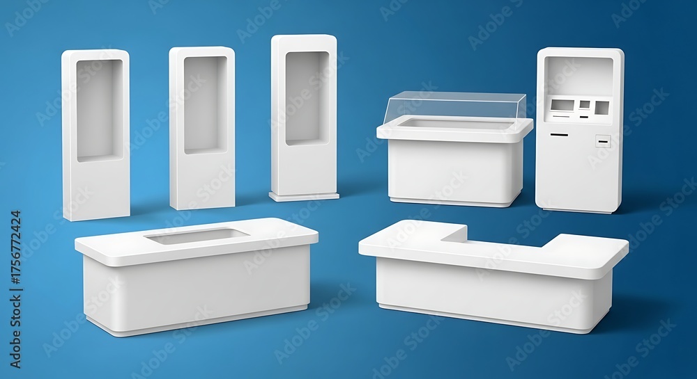 Sleek White Modular Retail Kiosks, Counters, and Display Units on Blue ...