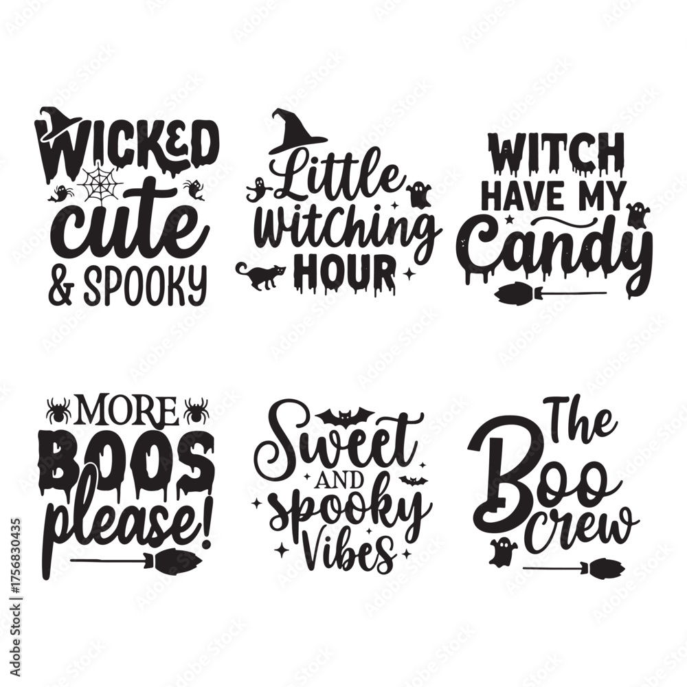 Collection of six spooky and cute halloween themed phrases and sayings ...