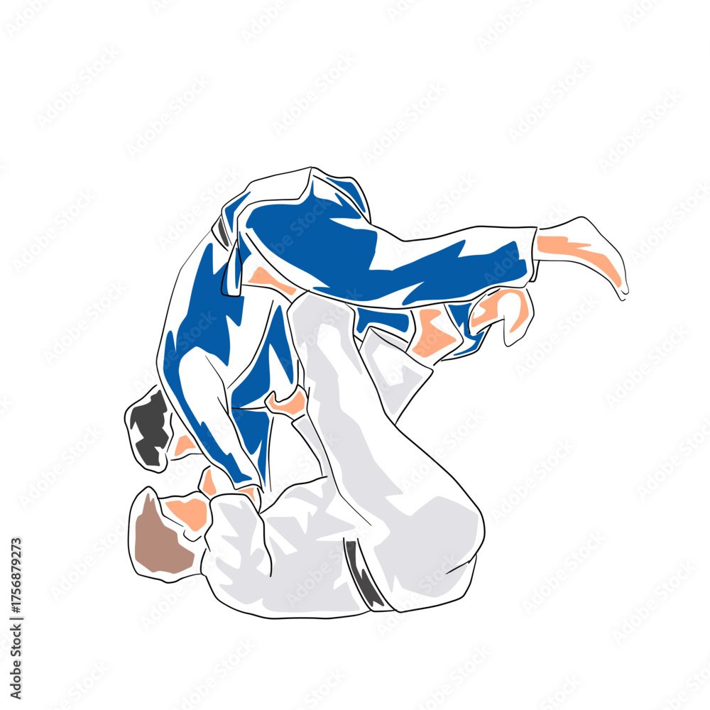 Judo, two fighters in action, isolated flat design vector illustration ...
