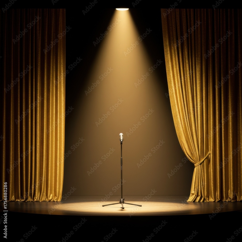 Nobel prize ceremony stage with golden curtains and spotlight ...