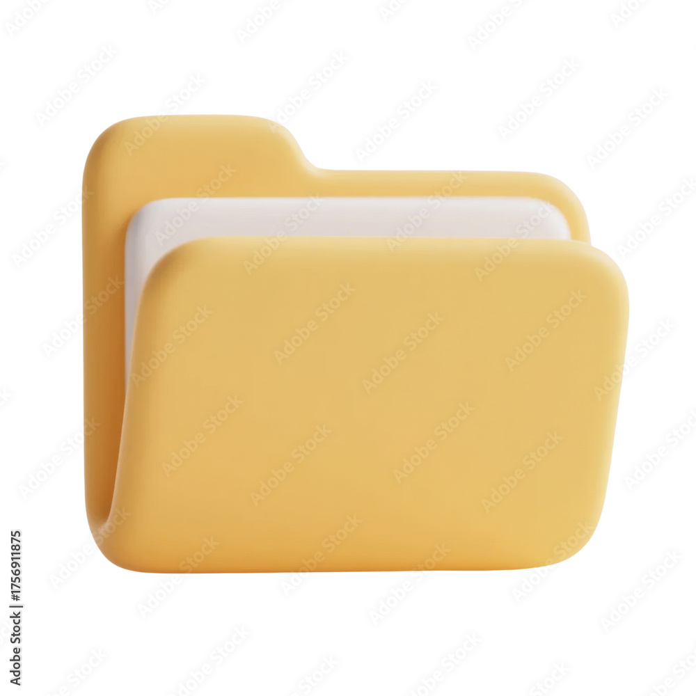3D yellow file folder half open with visible papers inside. Isolated ...