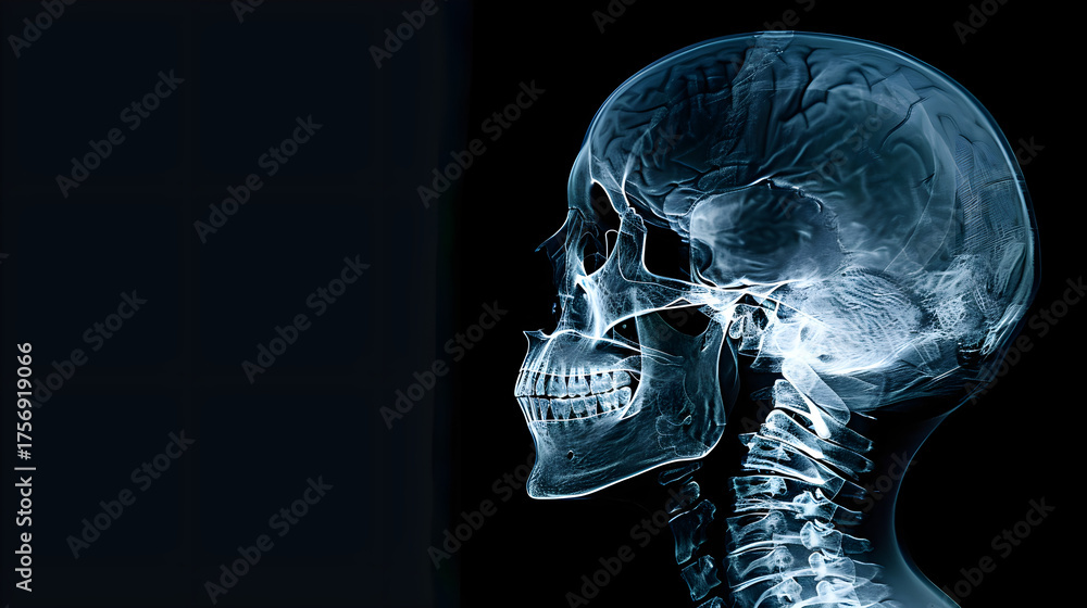 Radiology concept — human skull and cervical spine X-ray Lateral X-ray ...