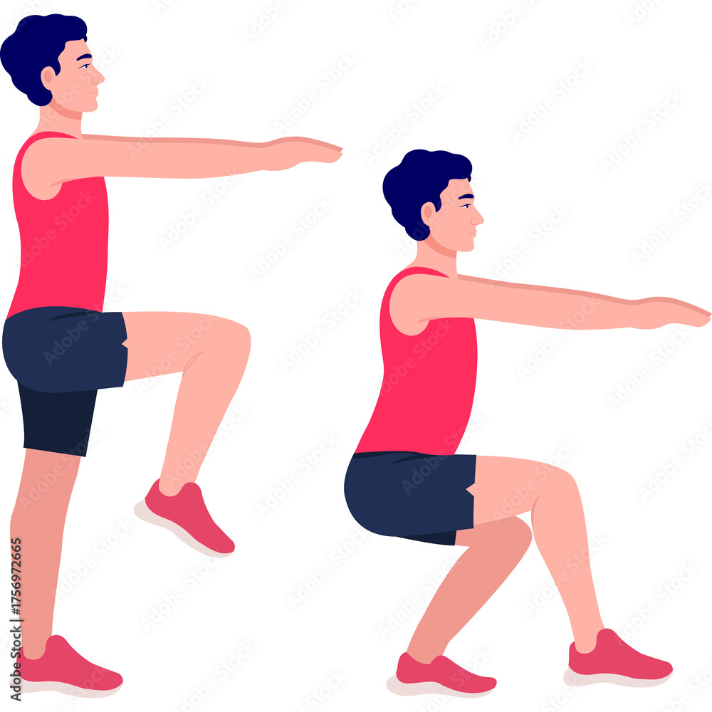 Stock-Illustration „Man Demonstrating Squat Exercise And Single Leg ...