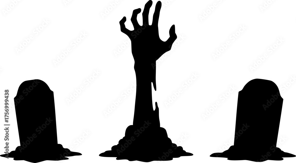 Spooky zombie hand emerging from grave silhouette vector illustration ...