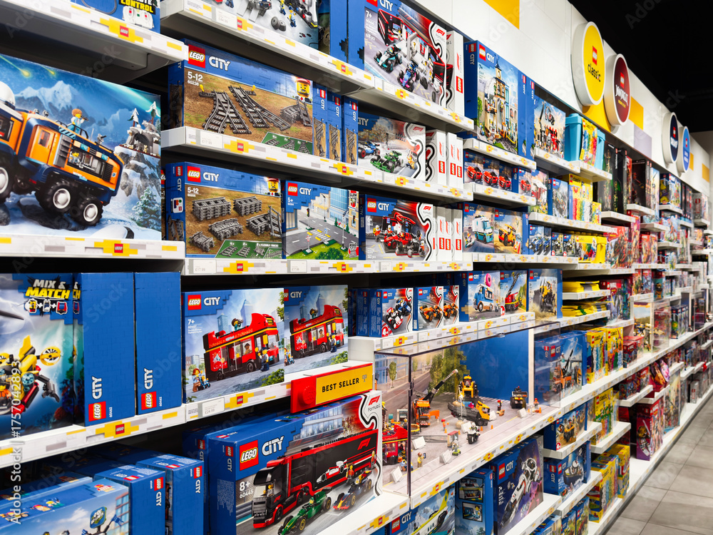 Lego City toy sets on shelf in store display for kids and collectors ...