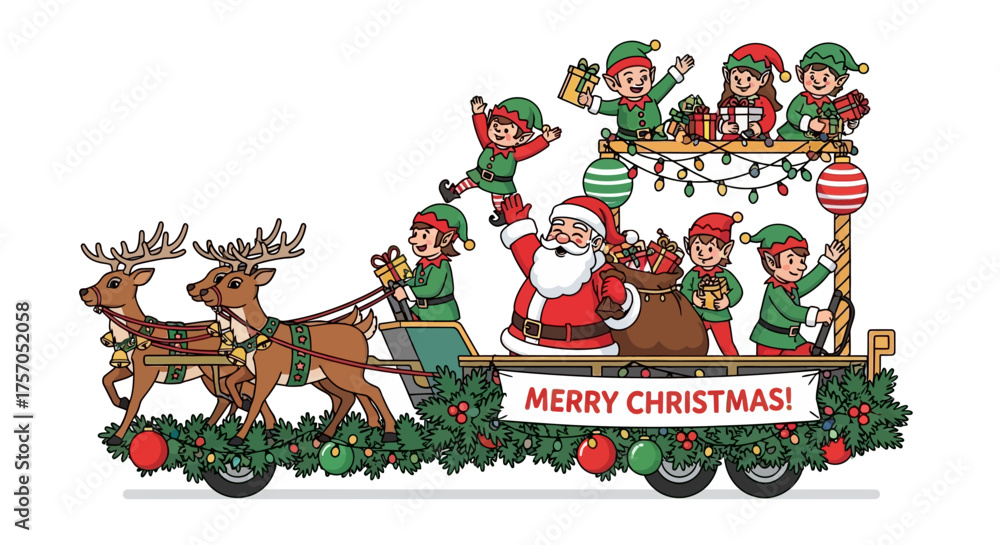 Cheerful cartoon vector illustration of Santa Claus, elves, and ...