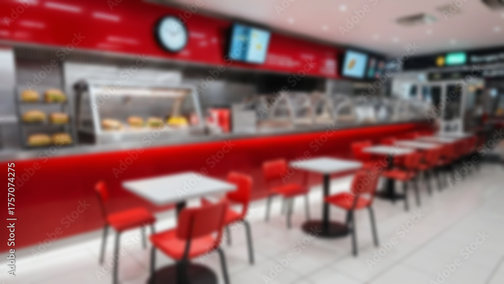 Blurred background of a burger shop in a modern airport, there are ...