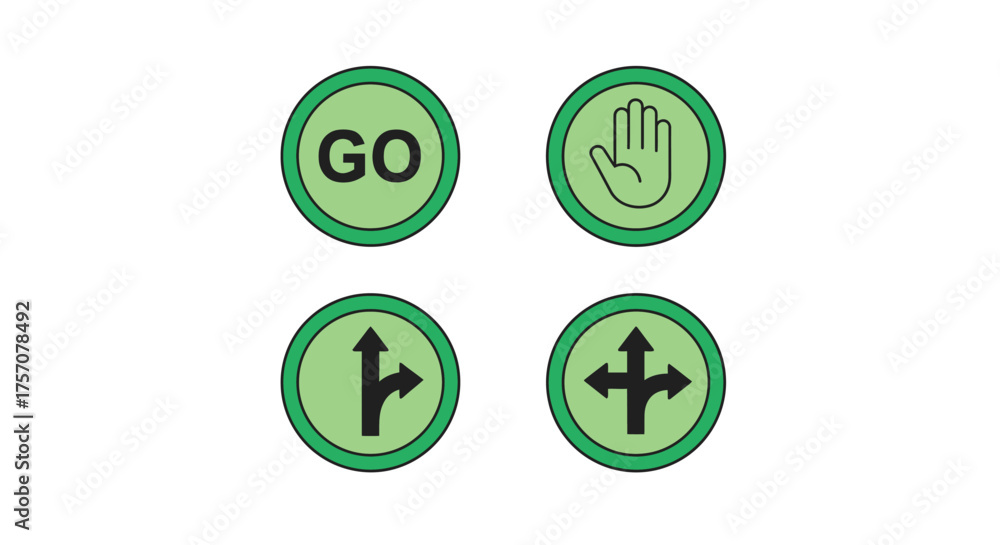 Four green circular signs displaying go stop turn left and cross ...