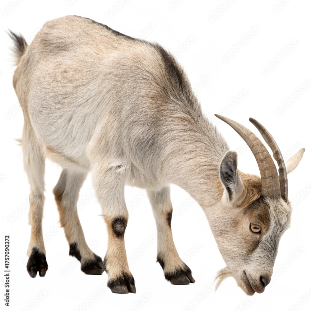 Curious goat with gentle eyes grazing peacefully, a charming farm ...