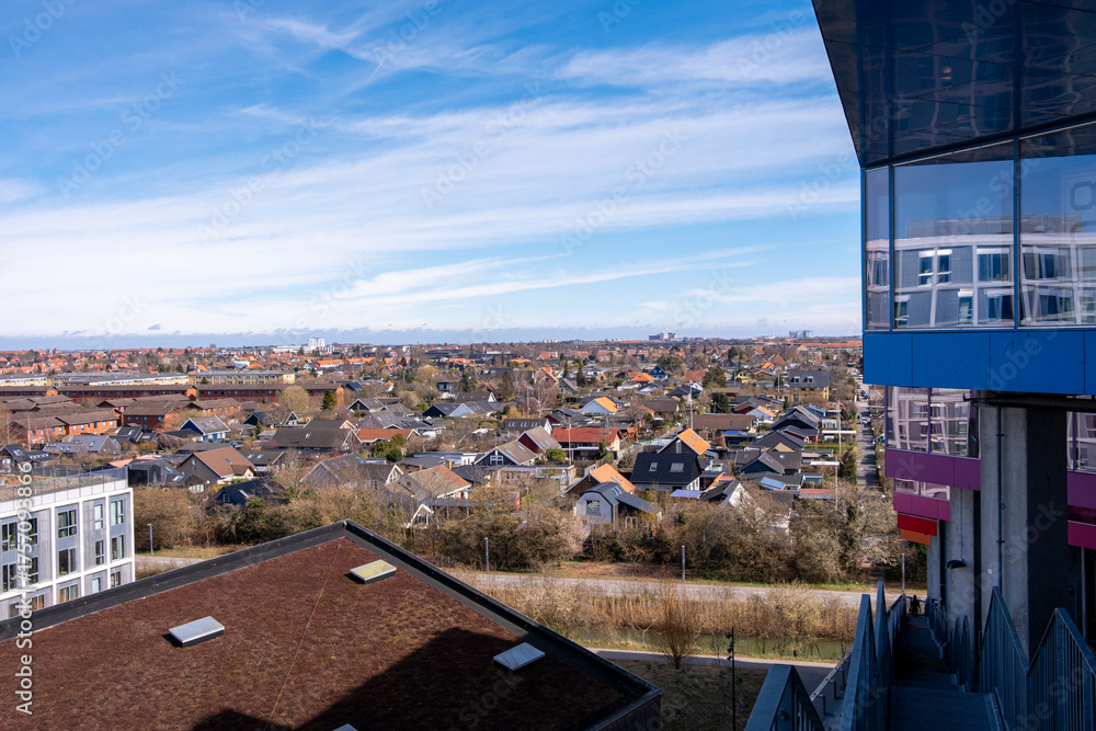 Modern residential quarters with wide skyline and open rooftops showing ...