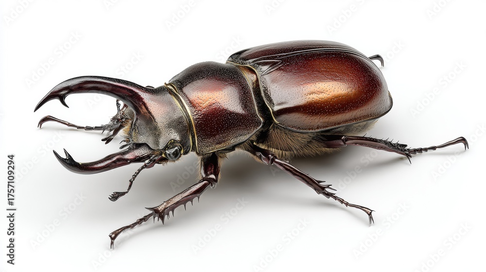 Male stag beetle with large mandibles and glossy brown exoskeleton ...