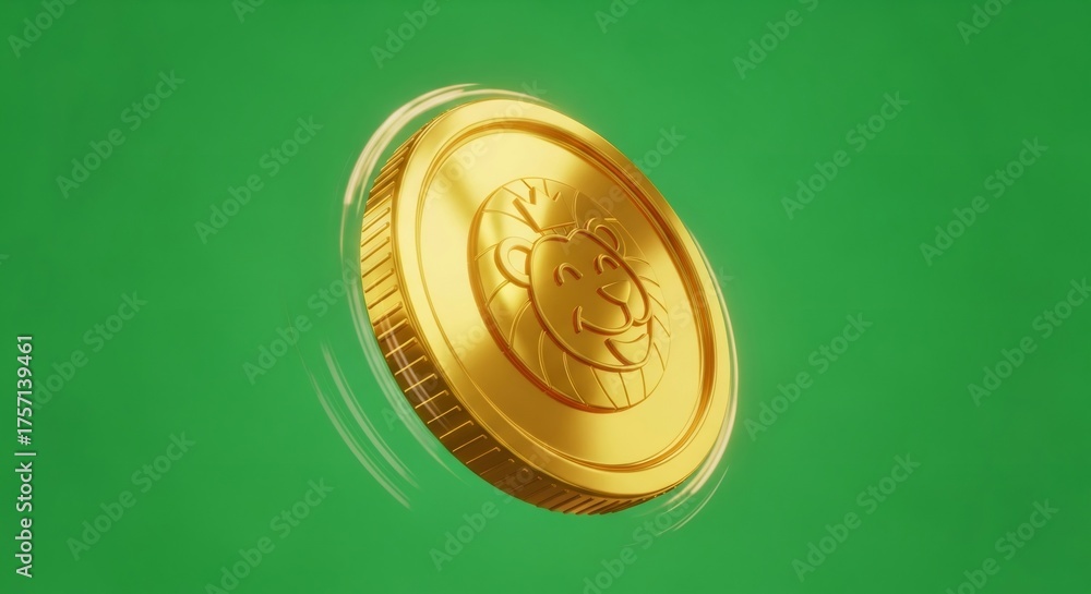 Golden spinning coin with a lion head on a green background. Chromakey ...