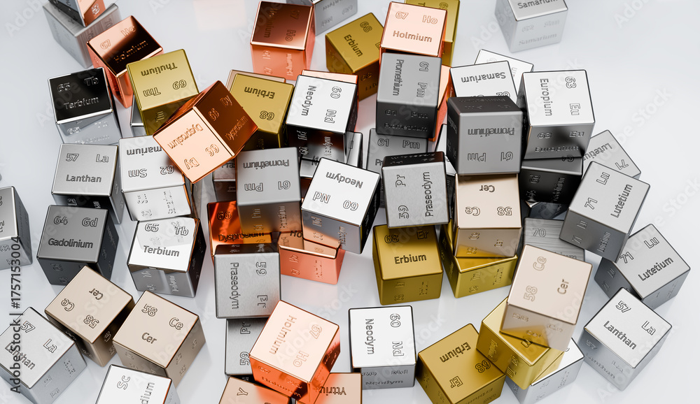 The 17 rare earth elements depicted as cubes on a heap with their ...