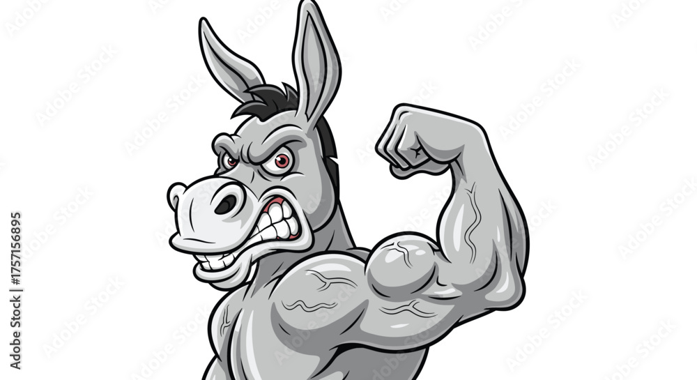 Cartoon Donkey Flexing Bicep Muscles with Angry Red Eyes in Gym ...