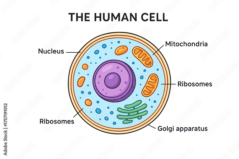 Foto stock di Labeled diagram of a human cell highlighting nucleus ...