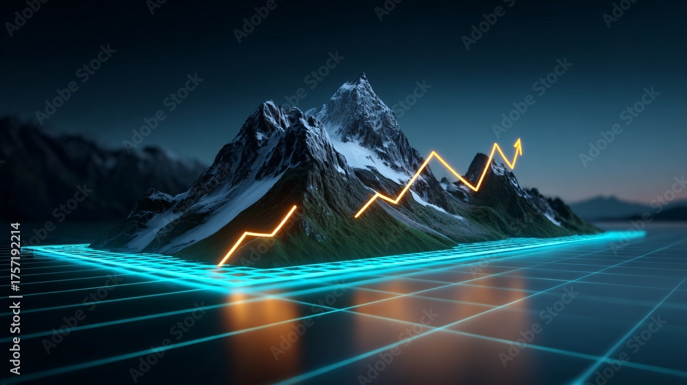 Ultra-wide panorama of a digital mountain landscape made of luminous ...