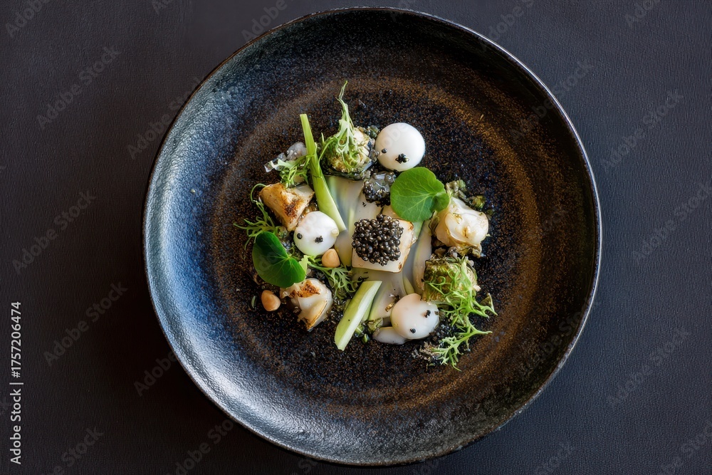 Exquisite Top-Down View of a Michelin Star Cuisine Plate: A Delightful ...