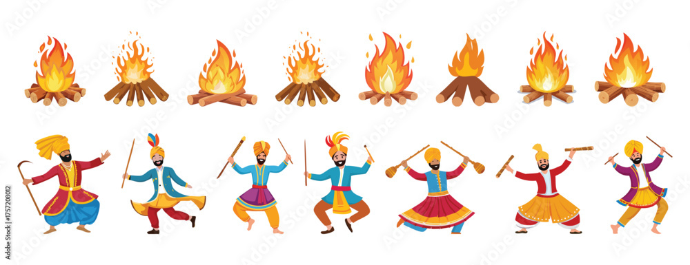 Bonfire and Punjabi folk dance indian lohri fastival elements Stock ...