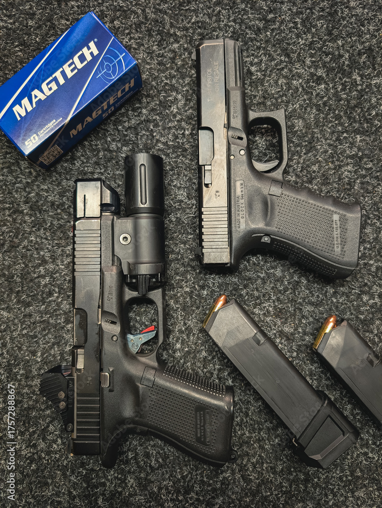 October 16, 2025, Baltics: Two Glock pistols, one custom glock 19 with ...