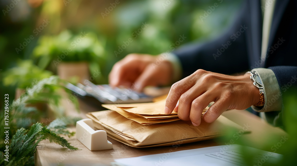 overhead of two sets of hands sorting expense receipts into envelopes ...