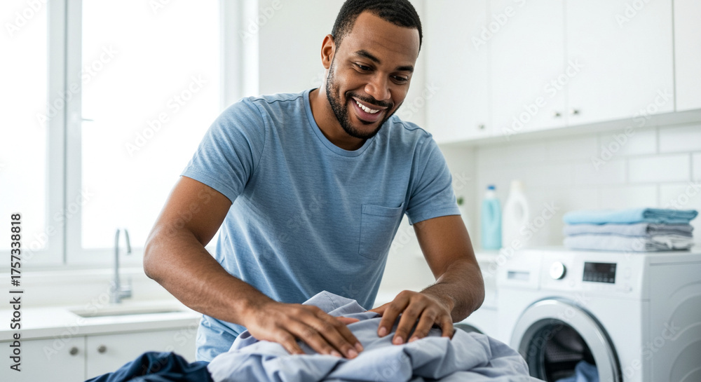 Man folding wrinkled laundry with focused look in modern laundry room ...