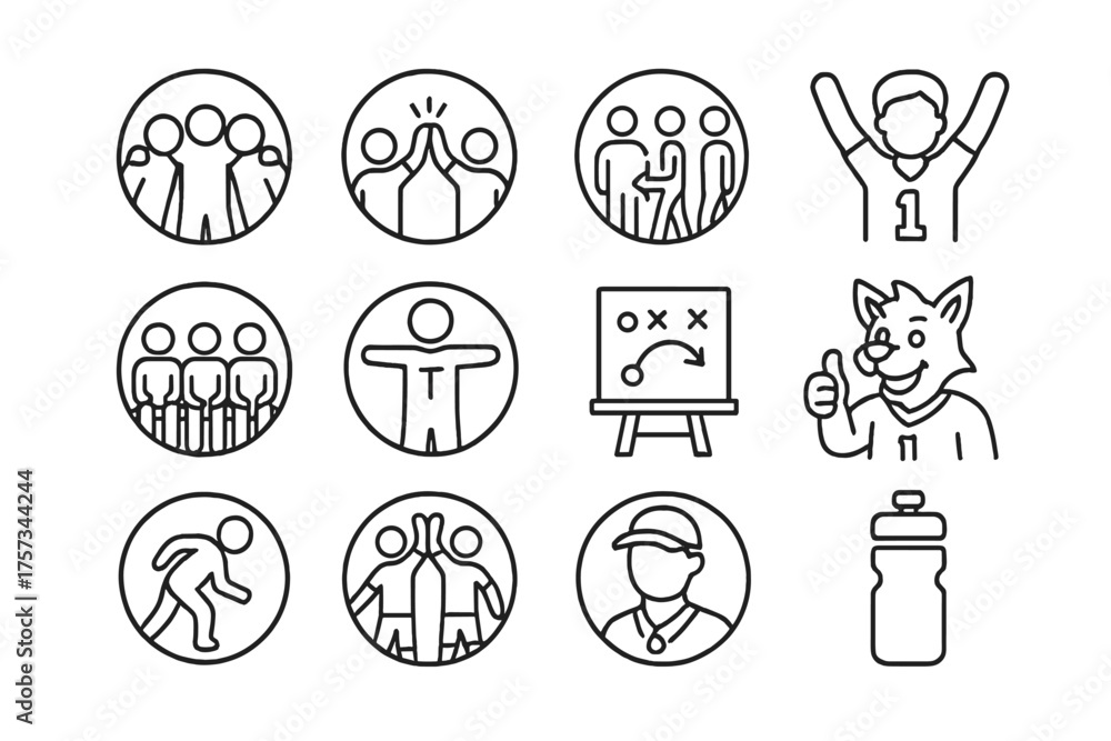 Team Dynamics Icons. Line style round icons of team dynamics: huddle ...