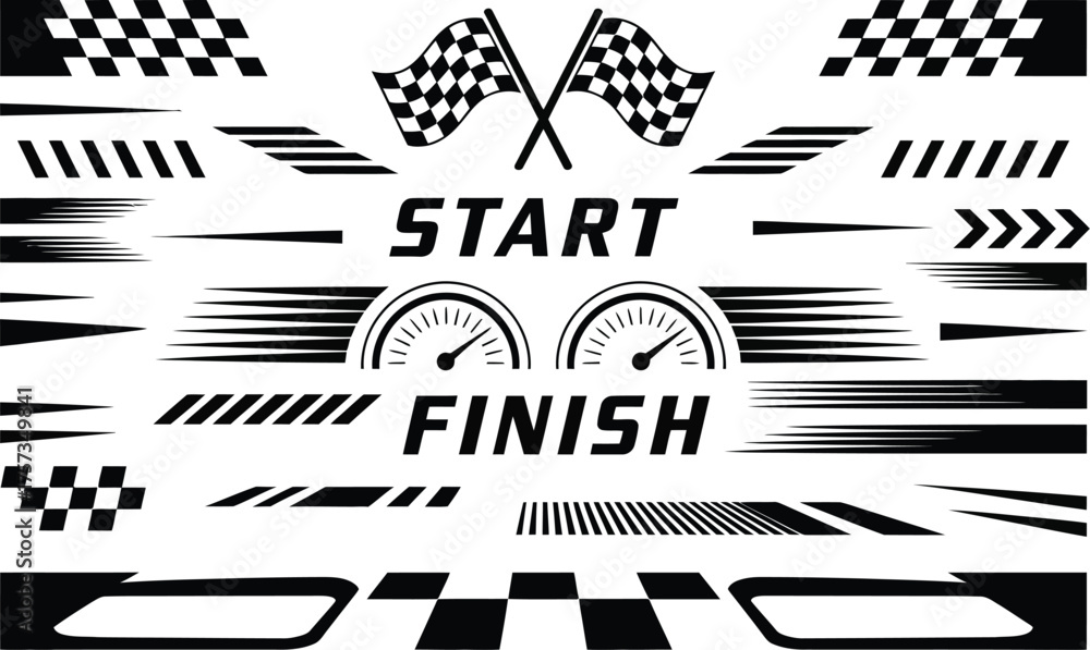 Racing elements vector set with checkered flags, speed lines, and start ...