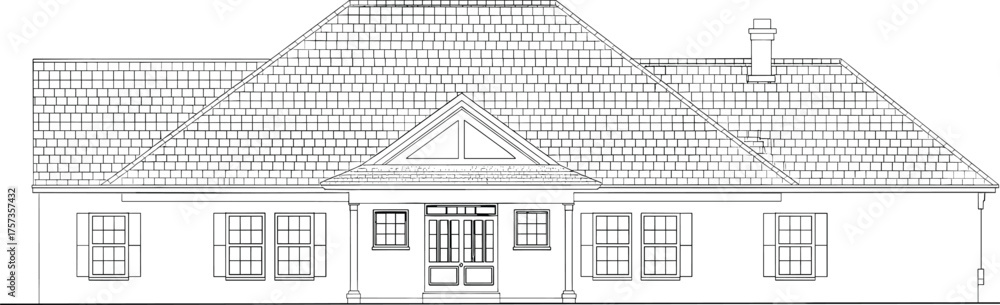 Single-story house elevation, front view, vector illustration, CAD ...
