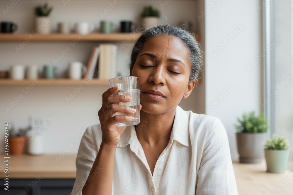 Mature woman drinking a glass of water for hydration and relief ...