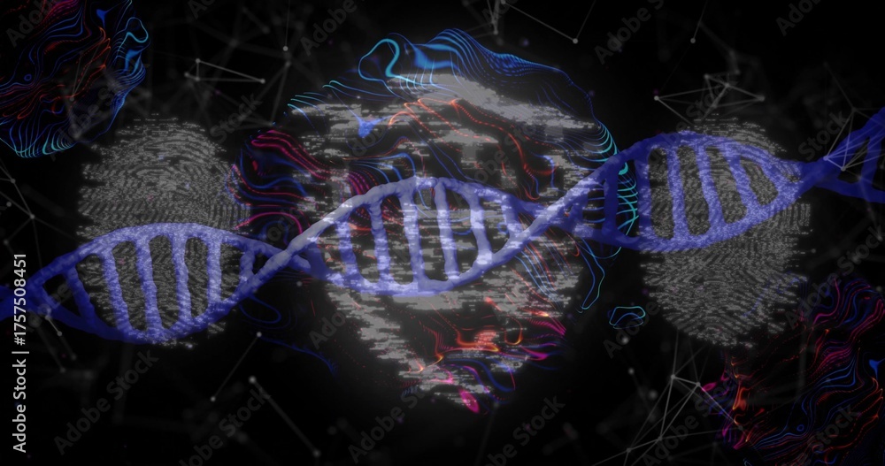 Glowing blue DNA helix spanning digital network space, with ...