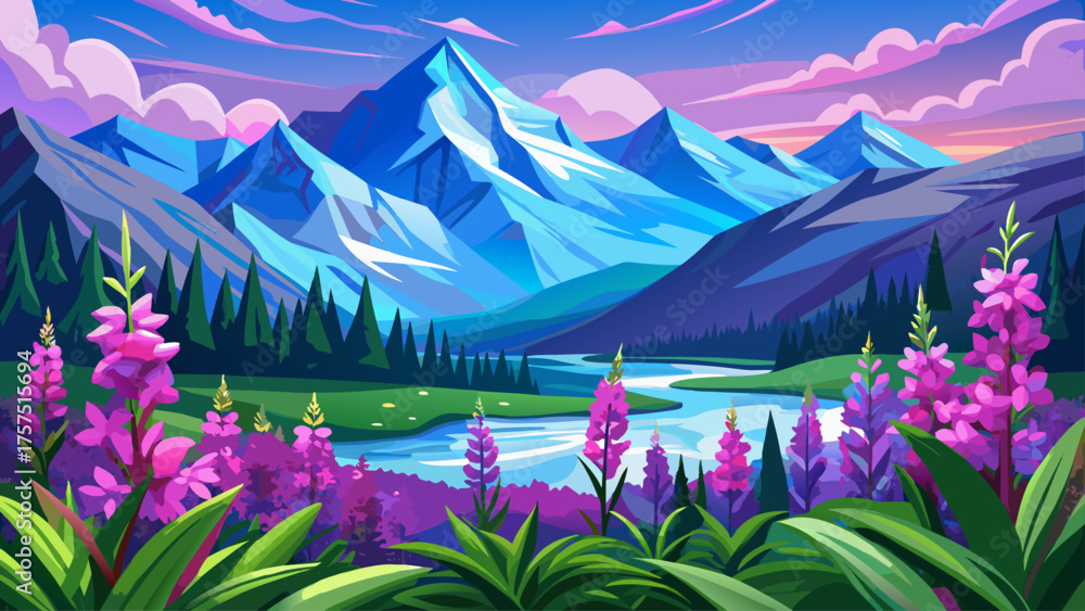 Very beautiful fireweed blooms in the foreground with Mendenhall Towers ...