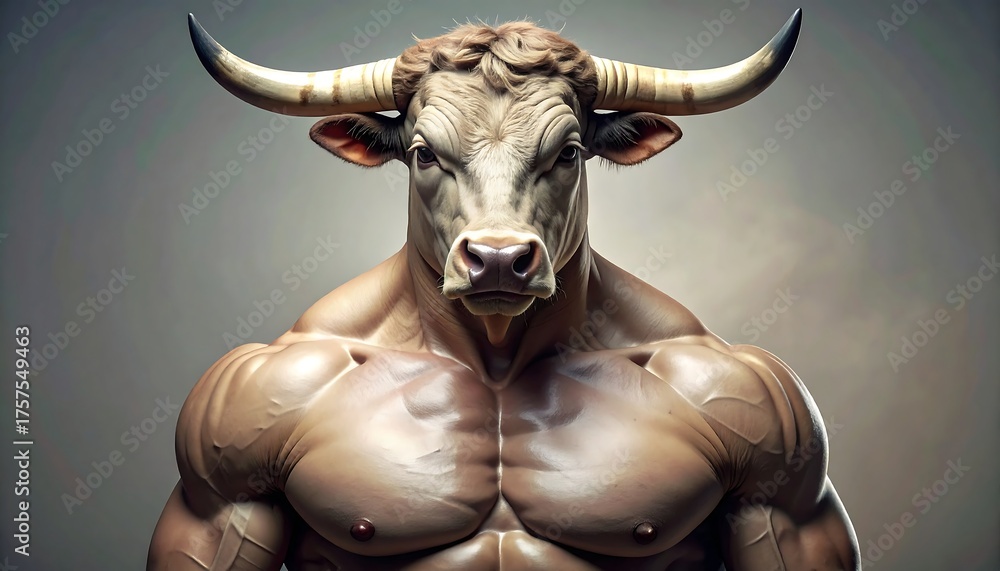 Muscular bull humanoid with powerful chest, horns, and beige skin ...