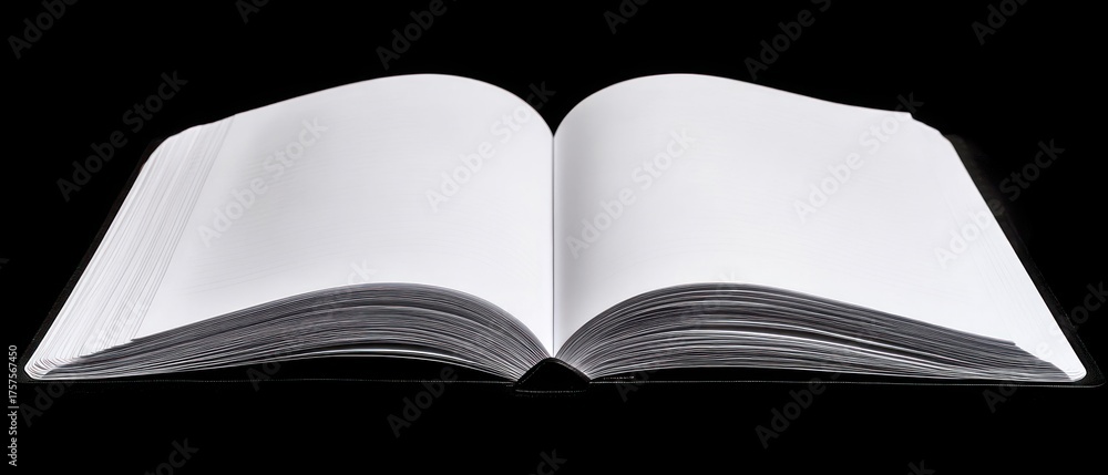 Open book with blank pages white paper texture black background ...