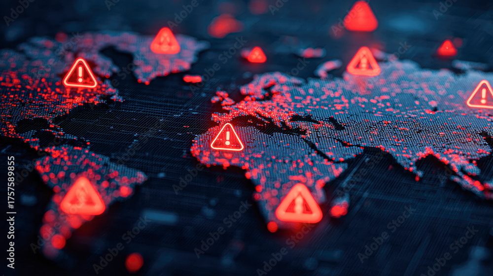 A digital map depicts a world with red alert symbols, suggesting areas ...