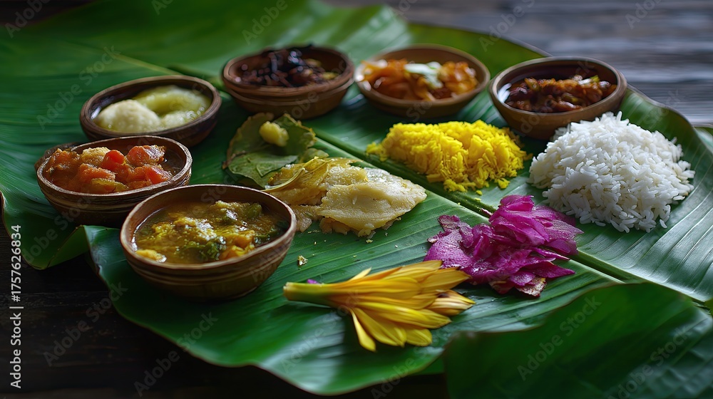 Kerala sadya served on banana leaf, traditional Onam feast, vibrant ...