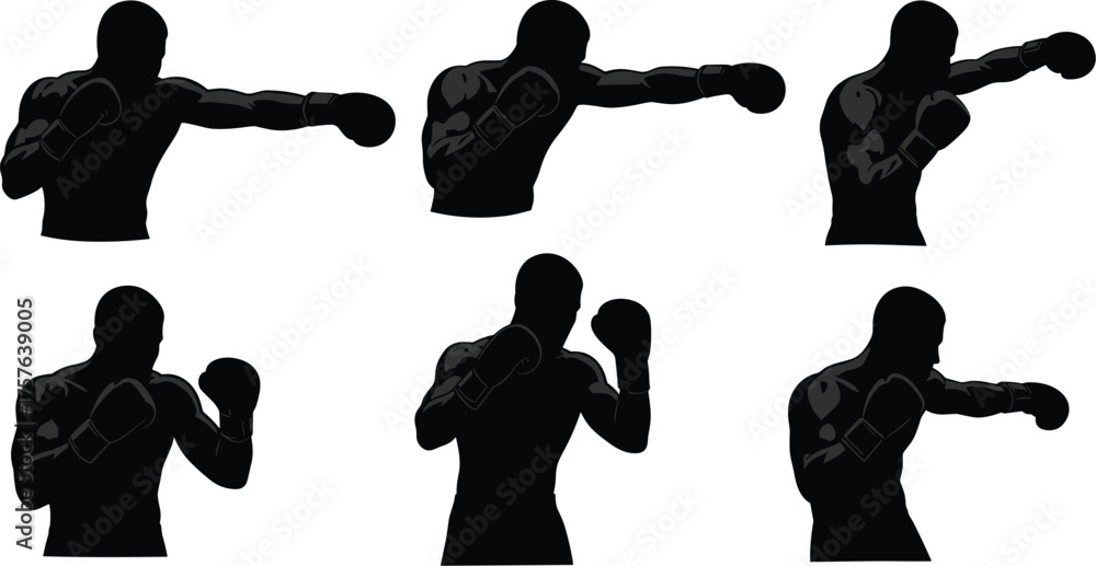 Boxer punching silhouette collection, fighter throwing a straight jab ...