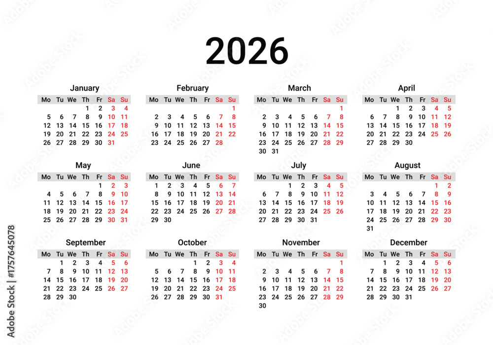 2026 Calendar Grid With Ash Weekdays And Red Weekends On Transparent ...