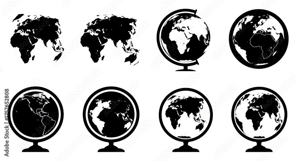 Earth Globe Collection Set of Black World Map Icons in Minimal Flat ...